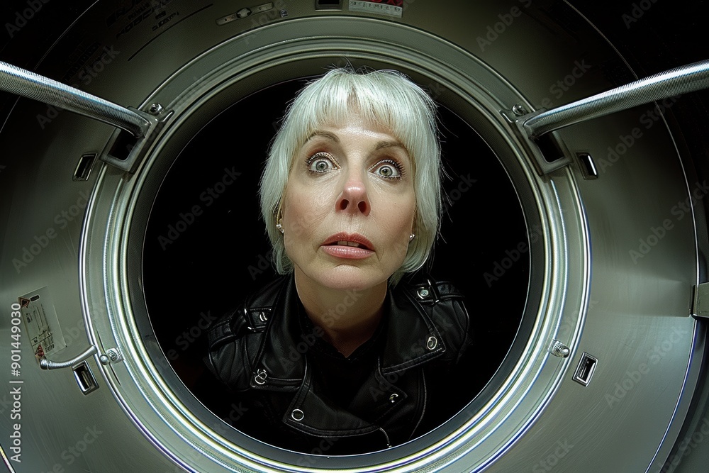 A woman with a surprised expression looks through the circular opening ...