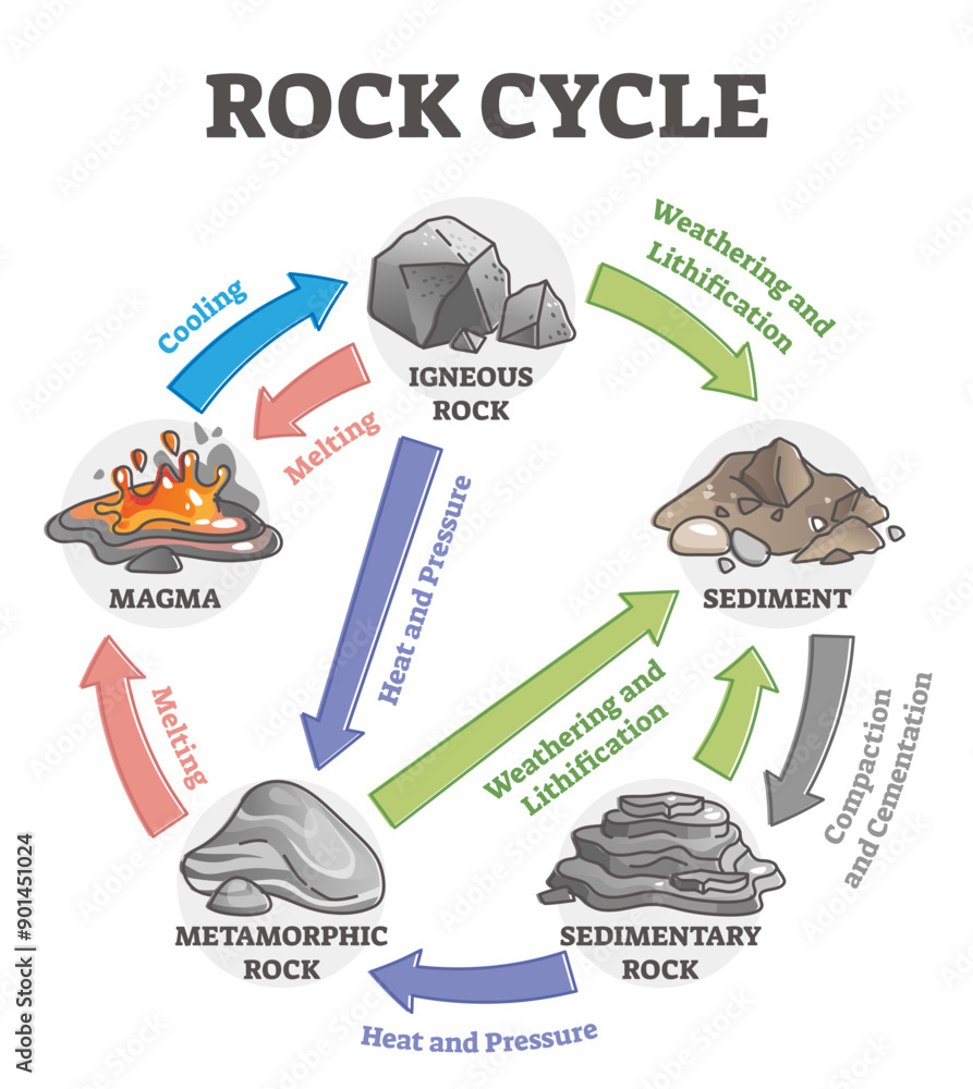 Rock cycle transformation and stone formation process labeled outline ...