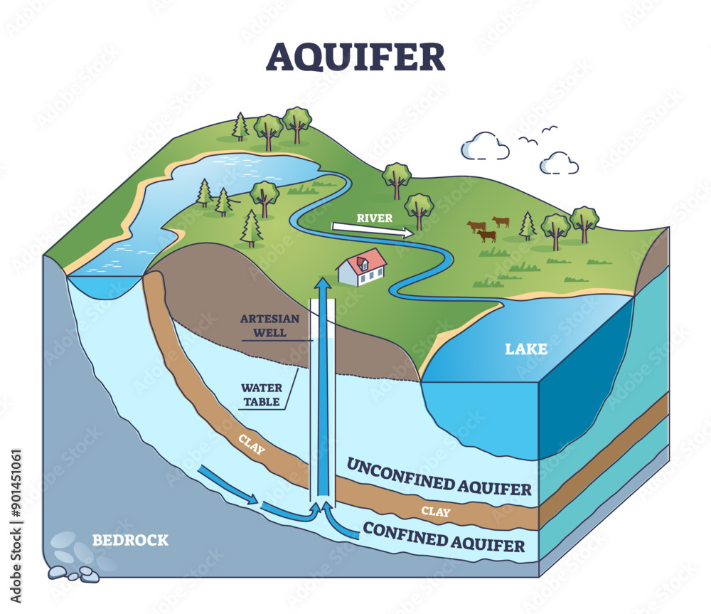 Vecteur Stock Aquifer as confined underground water layers in geological outline diagram ...
