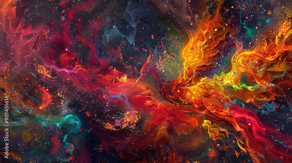 Artistic depiction of a mythical phoenix rebirth among vibrant cosmic ...