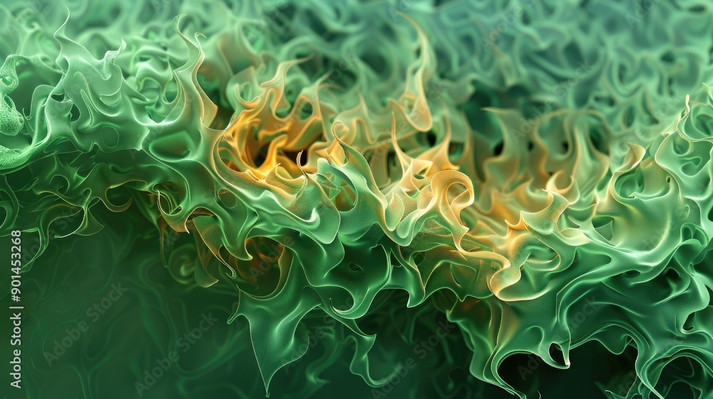 Dynamic 3D image of green rubber on fire, with bright flames and ...