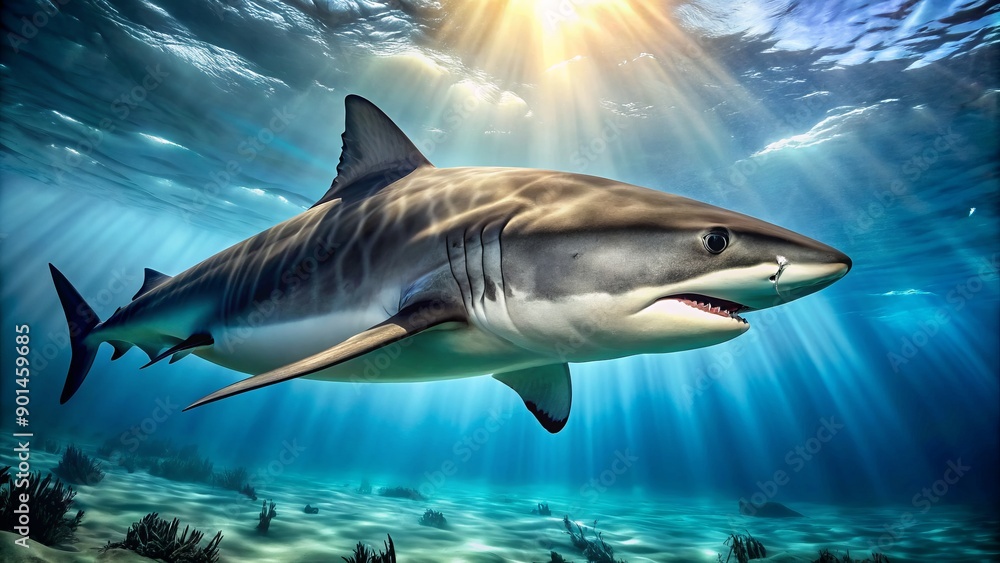 A majestic shark's side profile is showcased in a stunning underwater ...
