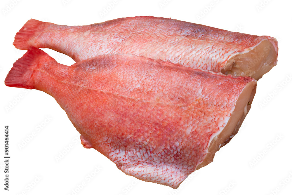 Two butchered pink snappers. Laid out fishes at the fish market Stock ...