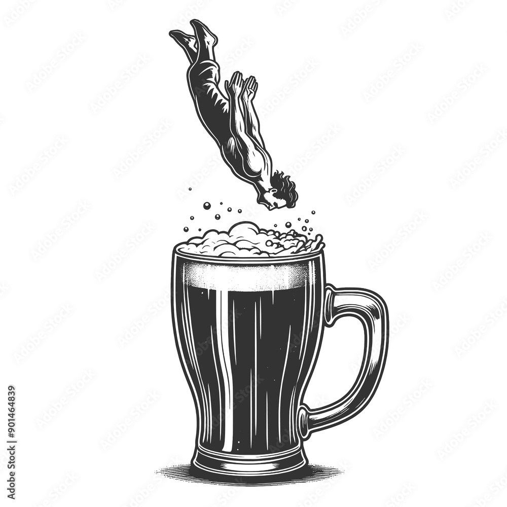 man diving into an overflowing mug of beer, merging classic art with ...