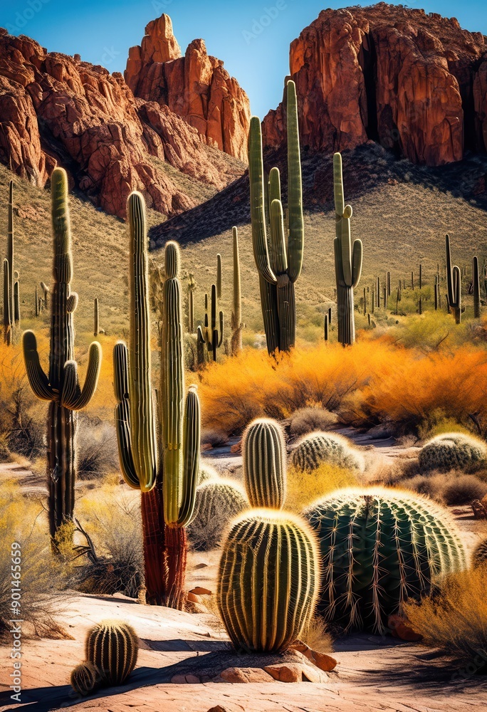 rocky desert landscape tall cactus rugged terrain under clear blue sky ...