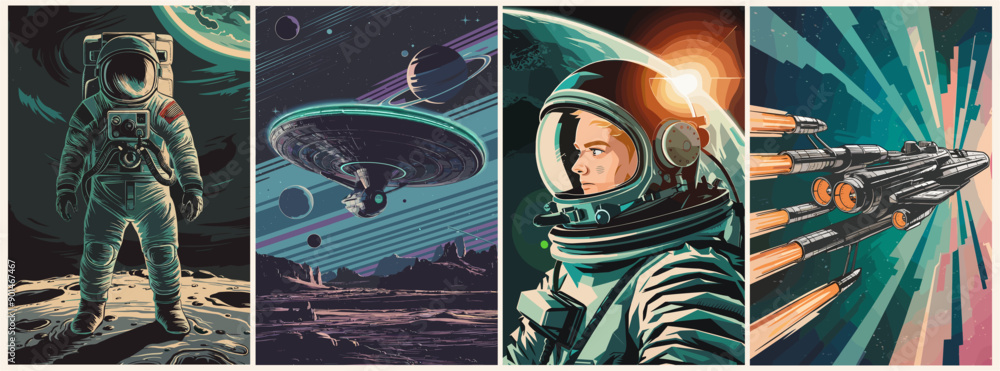 Astronaut in space retro Posters, backgrounds, covers vector set. Space ...