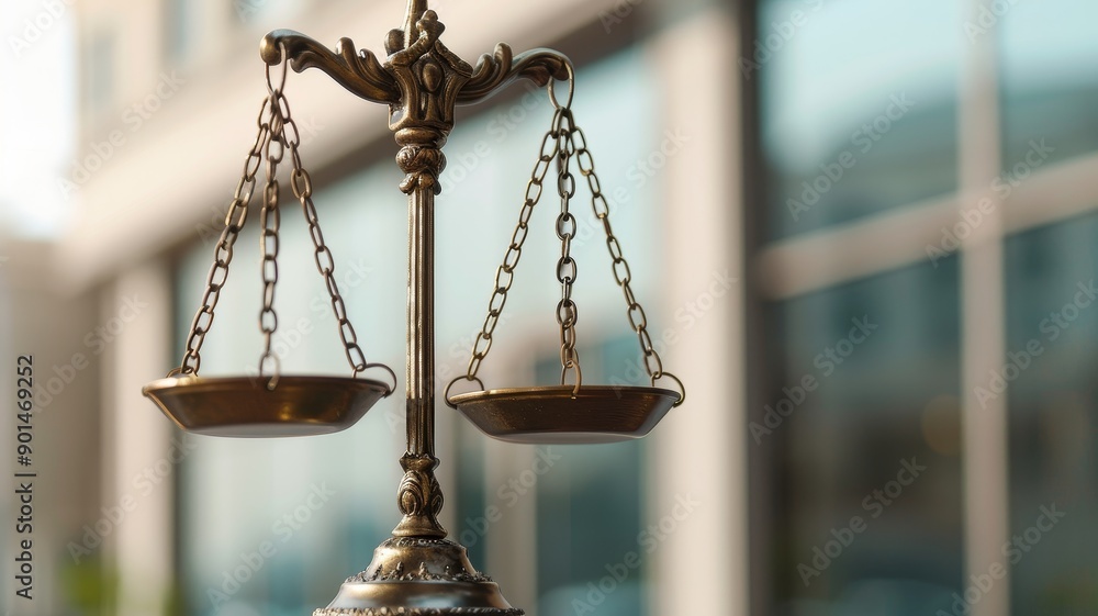 golden scales of justice symbol in front of modern building - law ...