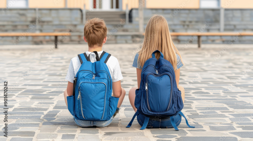 Gentle scene of a child comforting a sad friend in a school yard amid ...