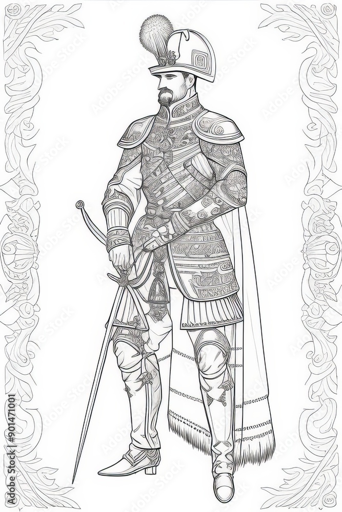 coloring book Hussar warrior, full body, hand drown line art Stock ...