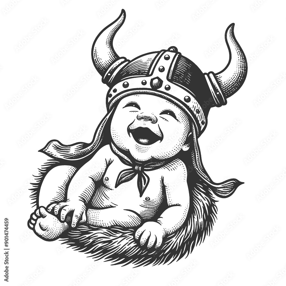 laughing baby wearing a Viking helmet and sitting on fur. Adorable and ...