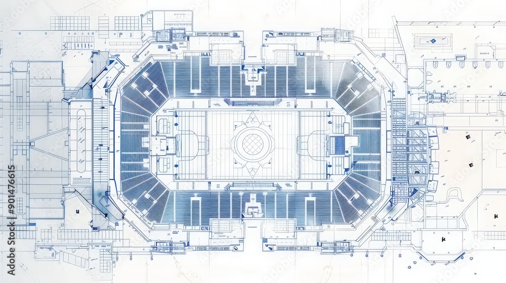 Diagram of a blueprint for a sports arena, featuring seating ...