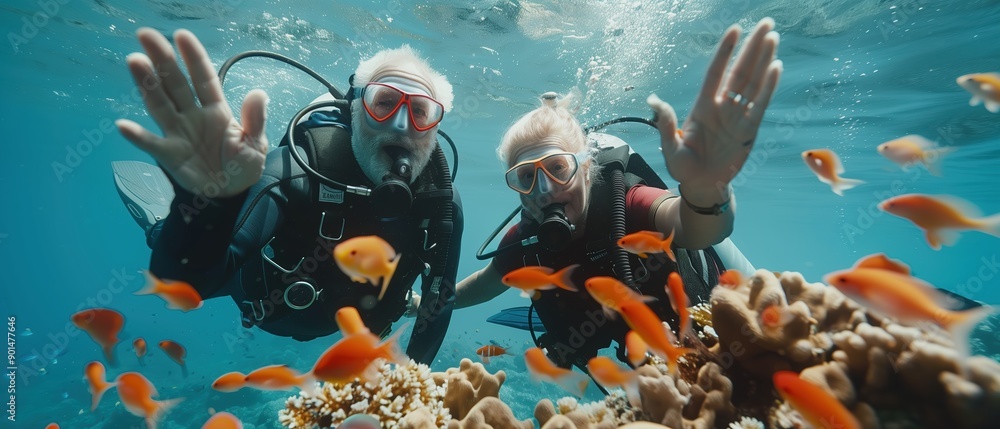 Older Couple Scuba Diving in Coral Reef, Exploring Marine Life with ...