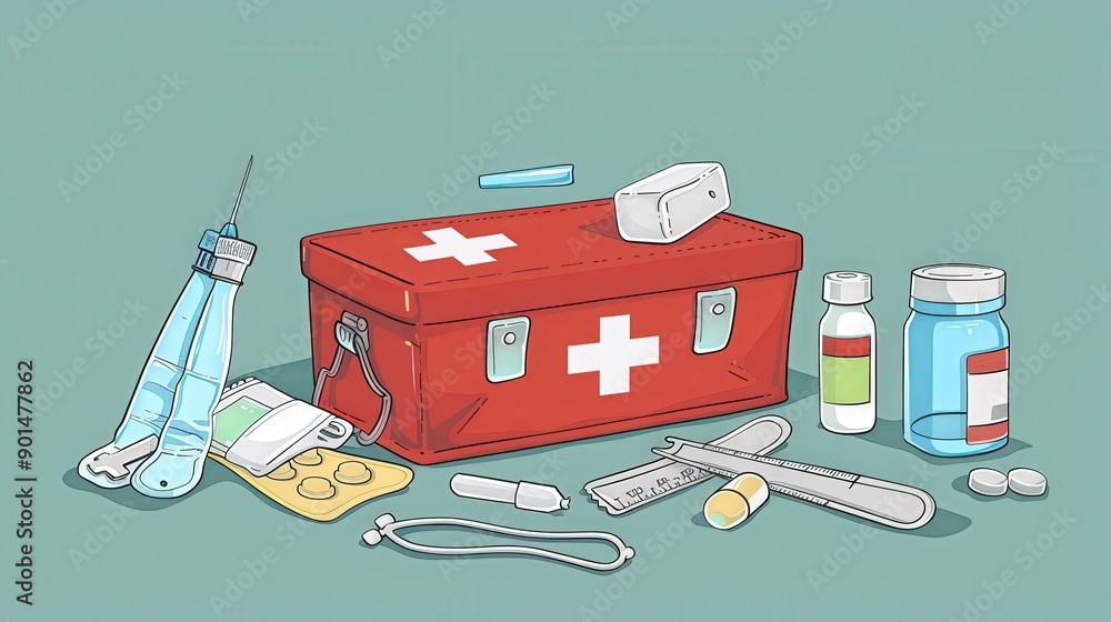 Diagram of a first aid kit with essential items like bandages ...
