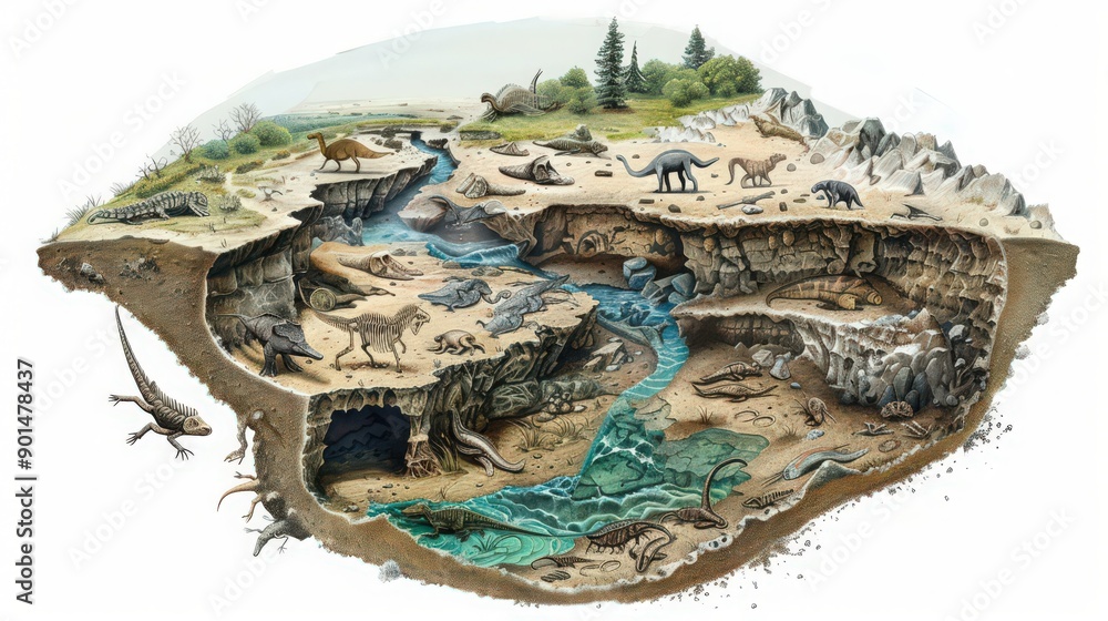 Diagram of a fossilization process, illustrating how organisms become ...