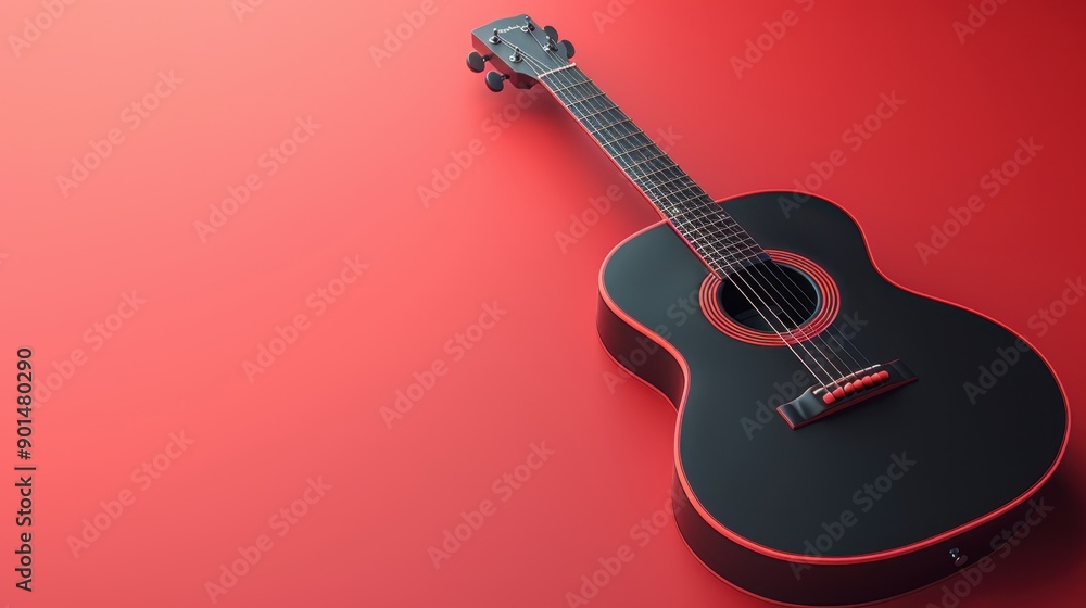 Black acoustic guitar with red accents on a vibrant red background ...