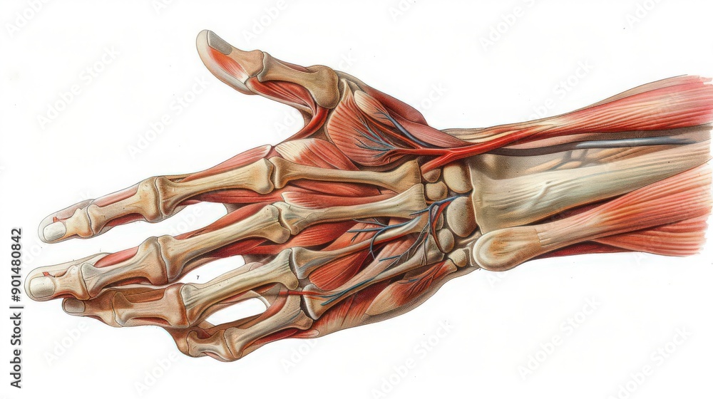 Diagram of the human hand, highlighting the bones, muscles, tendons ...