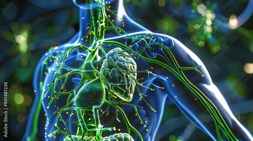 Diagram of the lymphatic system, depicting the lymph nodes, vessels ...