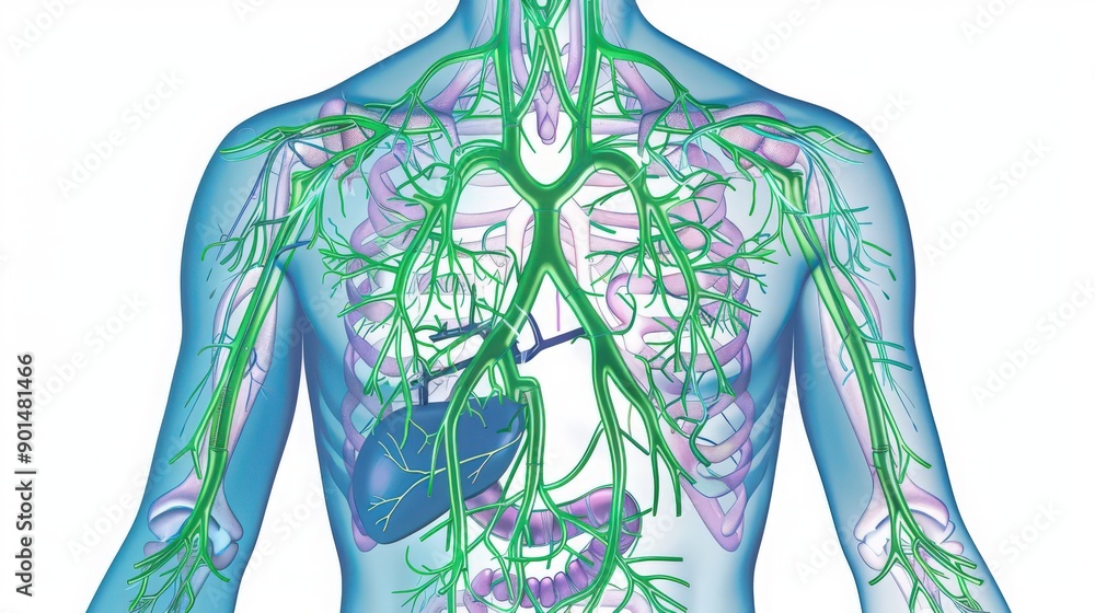 Diagram of the lymphatic system, with lymph nodes, vessels, and organs ...