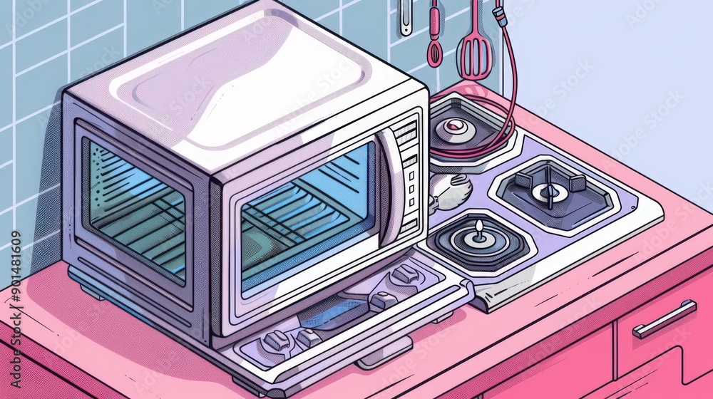 Diagram of the microwave oven, highlighting its magnetron, turntable ...