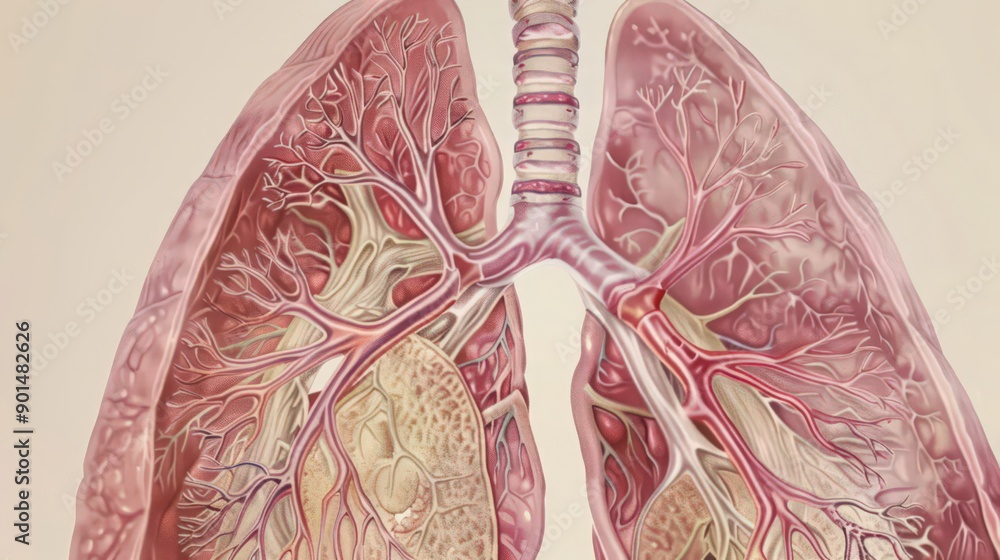 Diagram of the respiratory system, showing the lungs, bronchi, and ...