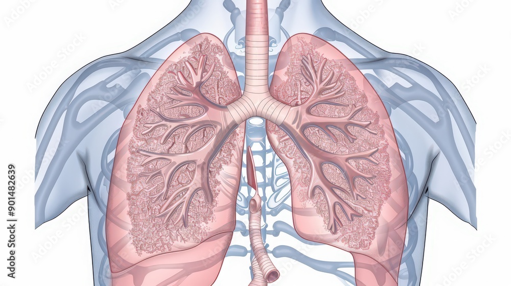Diagram of the respiratory system, showing the lungs, bronchi, and ...