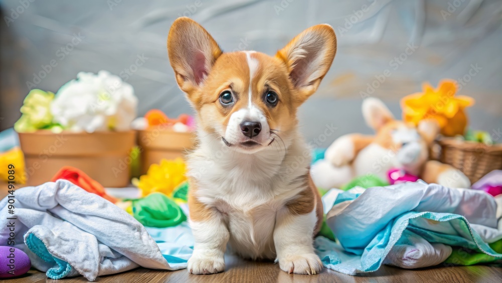Adorable corgi puppy sits with stained diaper, conveying guilt and ...