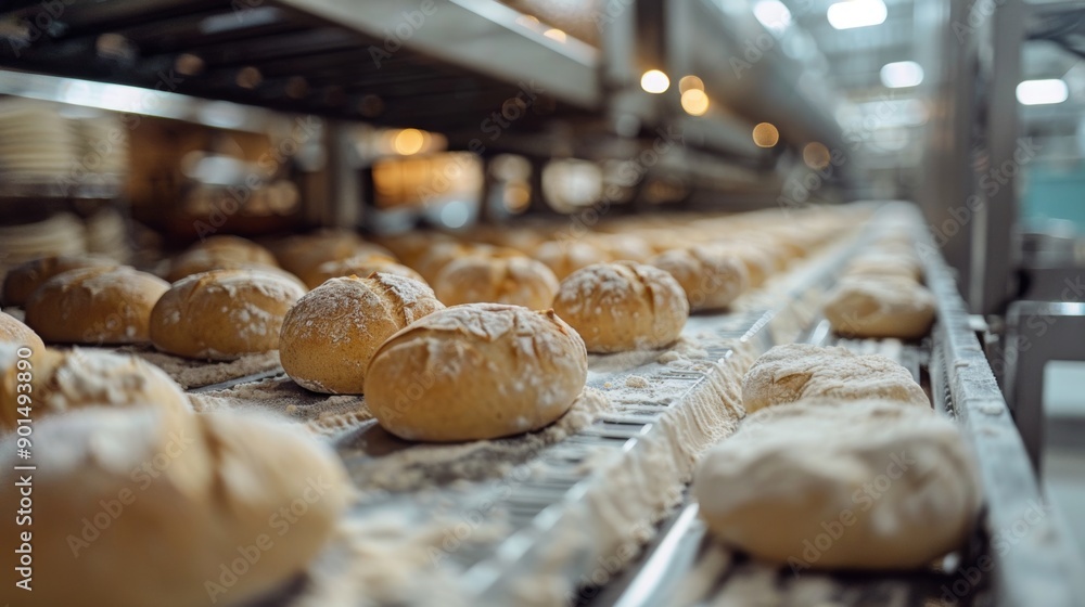 industrial bread production, conveyor belts automate dough transport ...