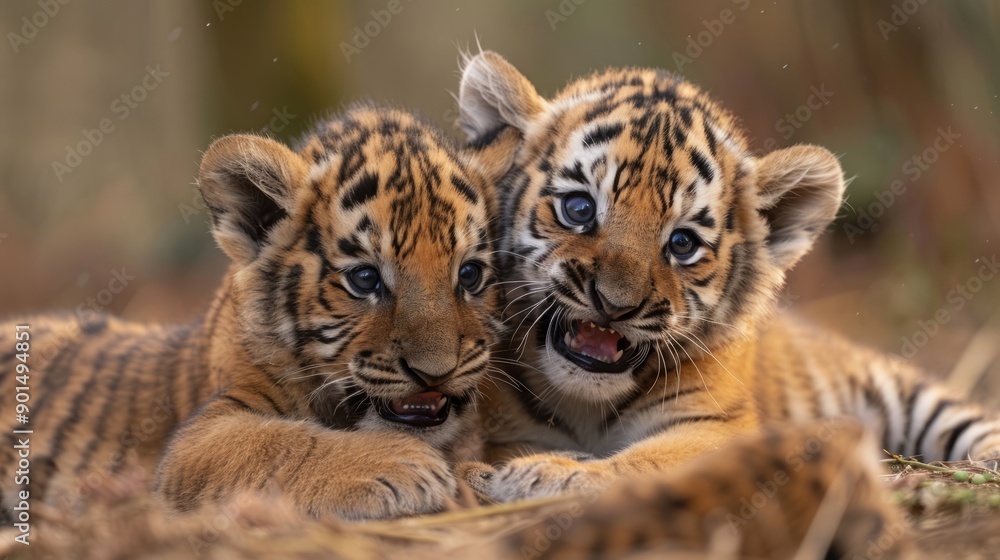 Photo of a lion cub which bites a tiger cub in the neck Stock Photo ...