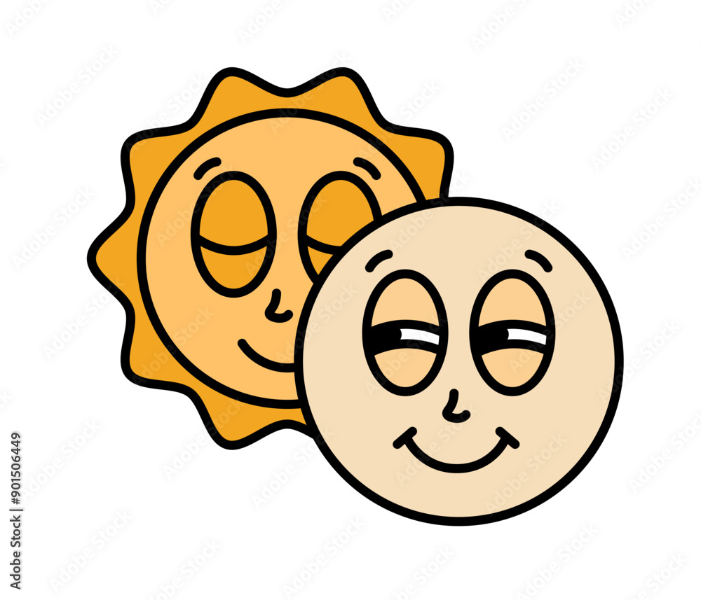 Sun moon characters with cartoon funny face. Groovy sticker with solar ...