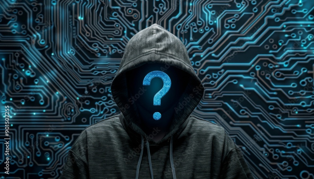 faceless man in black hoodie with blue question mark on circuit board ...