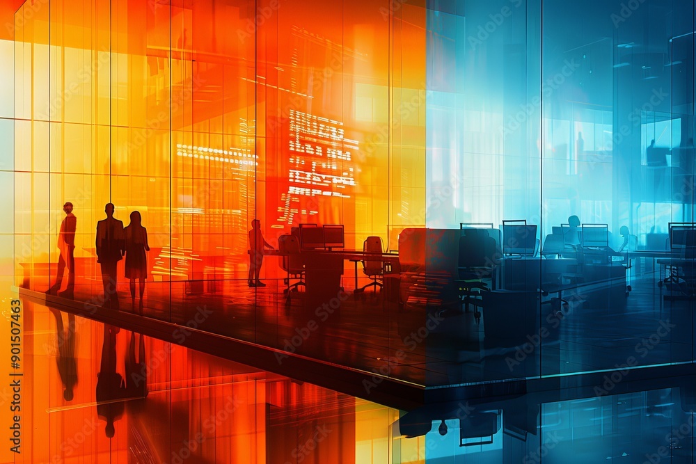 Neo neon cyberpunk open space office interior blurred with information ...