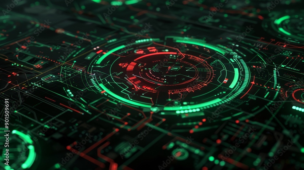 Rendering in 3D. Concept of cyber security. Visualization of hacker attacks on information data ...