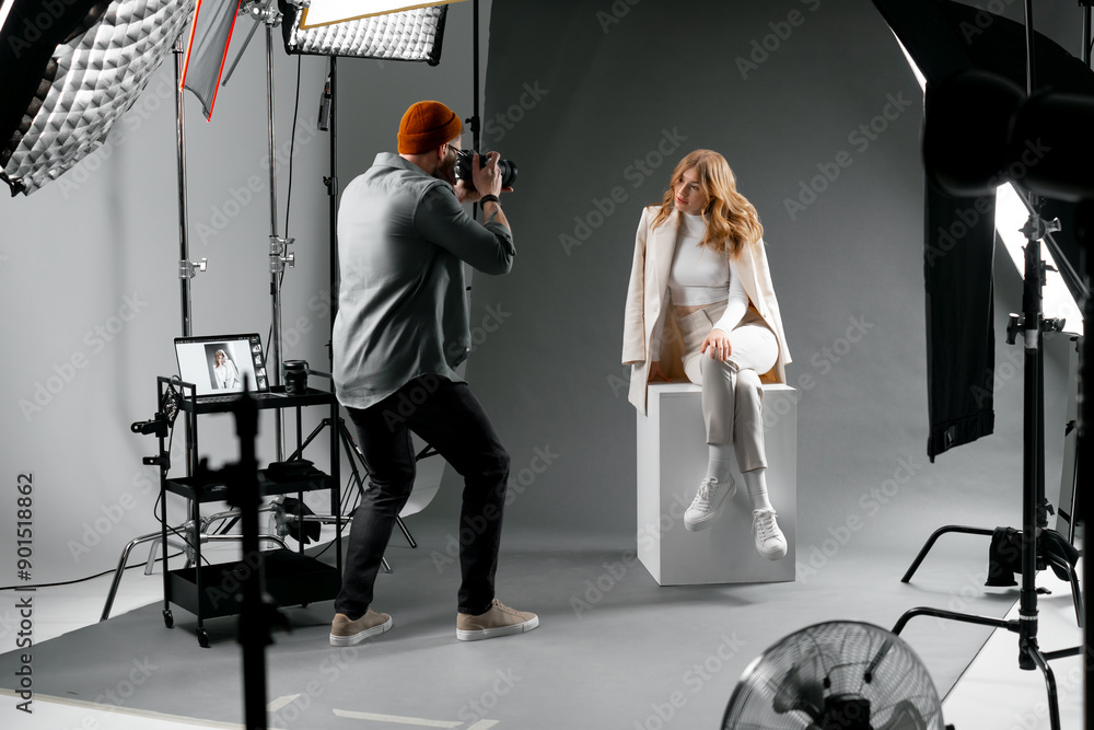 Professional studio for fashion photoshoot with model and photographer ...