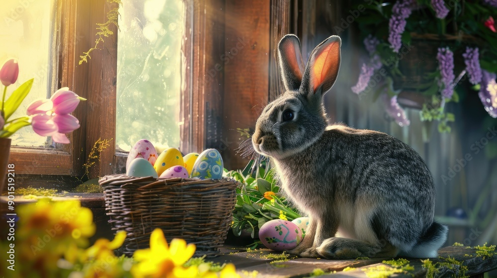 An English Easter bunny in a country-style cottage, presenting colorful ...