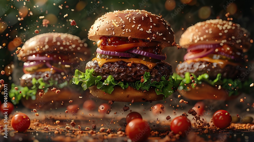 Burgers falling in the air, Hamburger with fresh lettuce, featuring ...