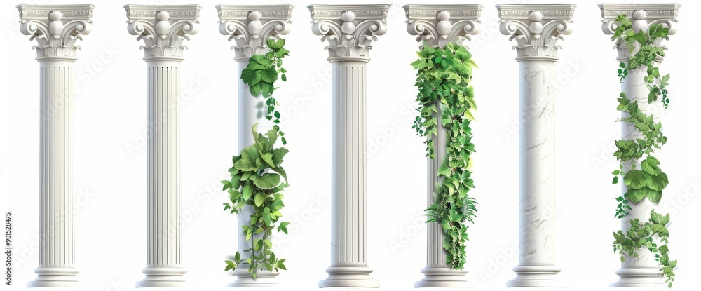 Greek columns with green ivy creeper isolated on white background ...