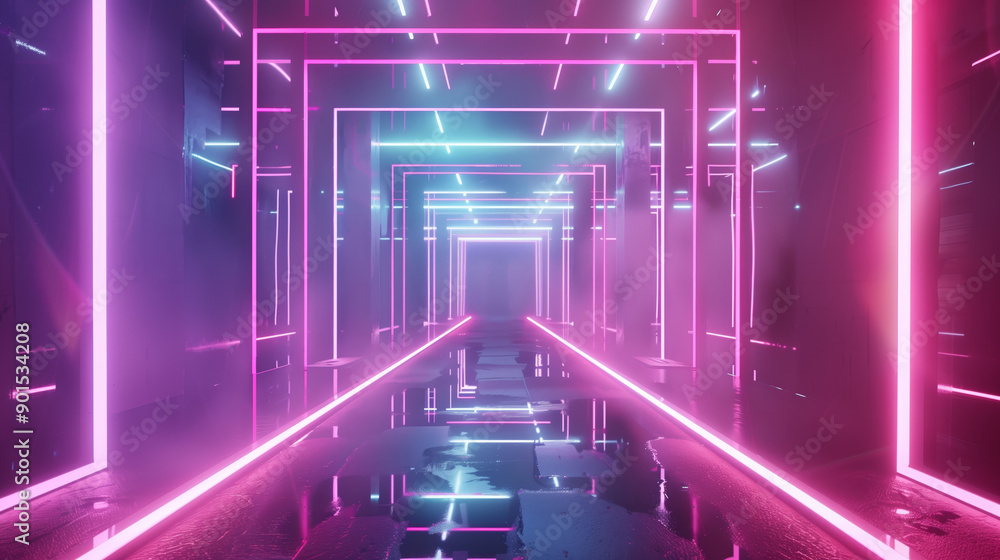 Abstract background with neon pink glowing rays lights tunnel corridor ...