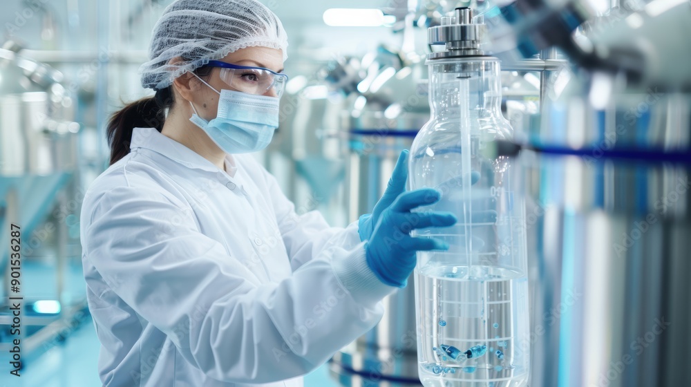 Lab technician in a biotech pharmaceutical lab, monitoring bioreactor ...