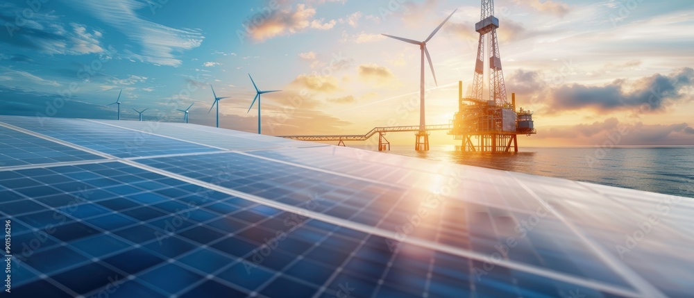 Image of an oil rig blending into a solar panel and wind turbine ...