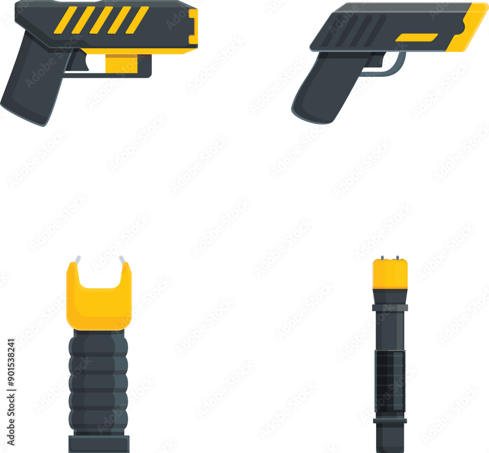 Stun gun icons set cartoon vector. Electroshock weapon for self defense ...