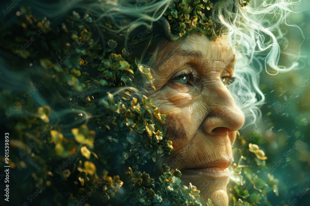 Older woman as a wise tree, branches of knowledge embracing younger ...