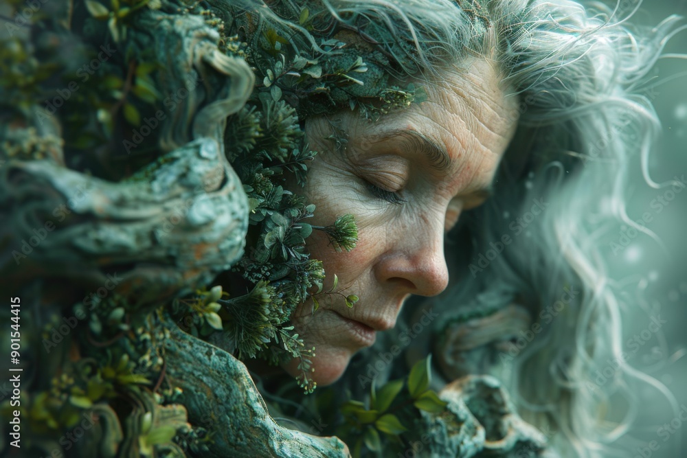 Older woman as a wise tree, branches of knowledge embracing younger ...