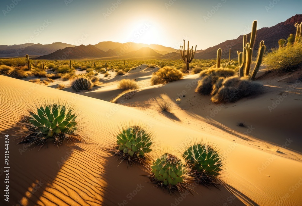 vast desert landscape tall cacti under clear blue sky rolling sand dunes arid environment ...