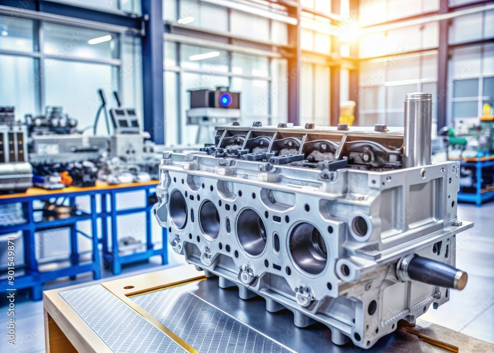 Sparkling new engine block and cylinder heads sit atop a pristine ...