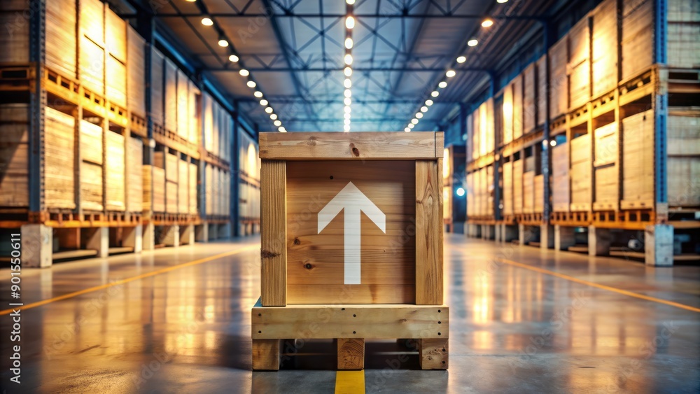 Arrow directional signage on a wooden crate indicating the correct ...