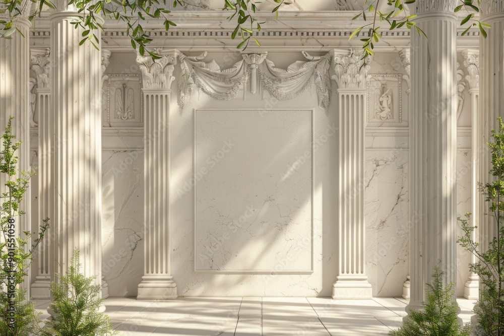 Ancient Greek Temple Frame with marble columns, intricate friezes, and ...