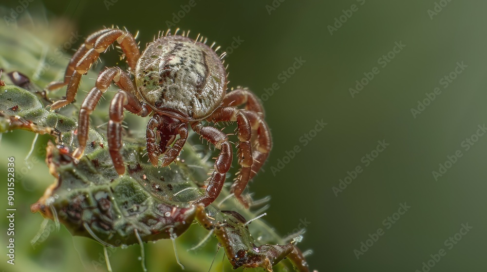 Small tick on leaf with scale Ixodes ricinus Close up of mite full of ...