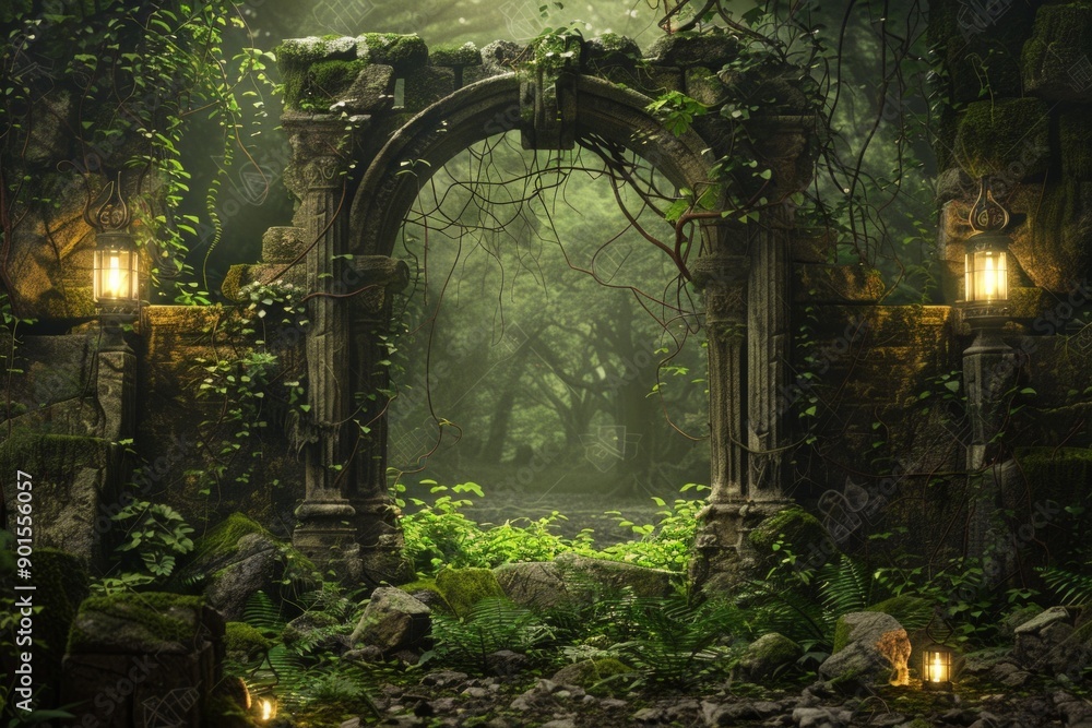 Enchanted Forest Ruins Frame with ancient stone ruins, overgrown with ...
