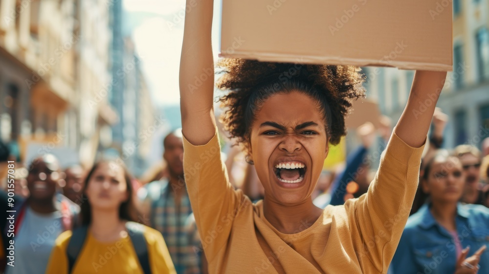 Protest cardboard mock-up of black woman in crowd or street photo with ...