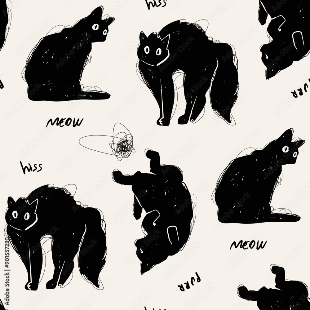 Black cats in different poses. Doodle sketch style. Sitting, laying on ...